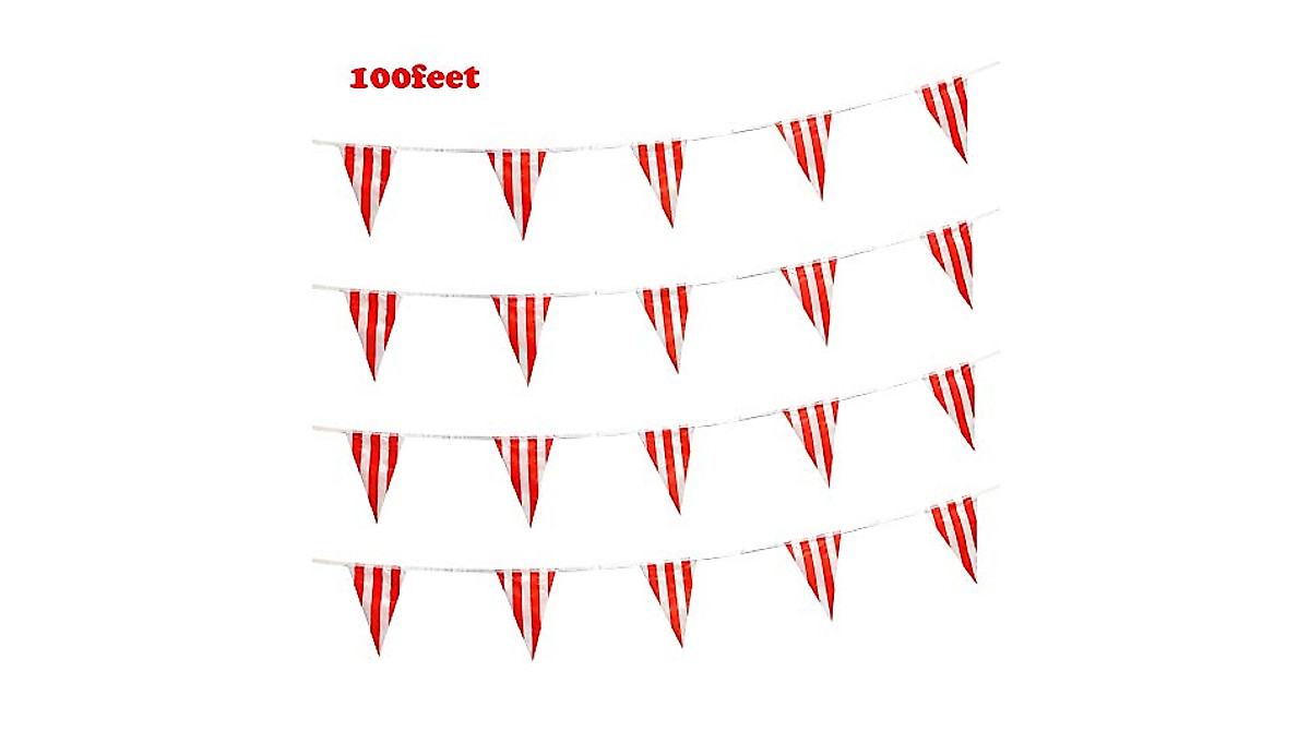 100 Feet Red & White Striped Pennant Banner for Parties & Events