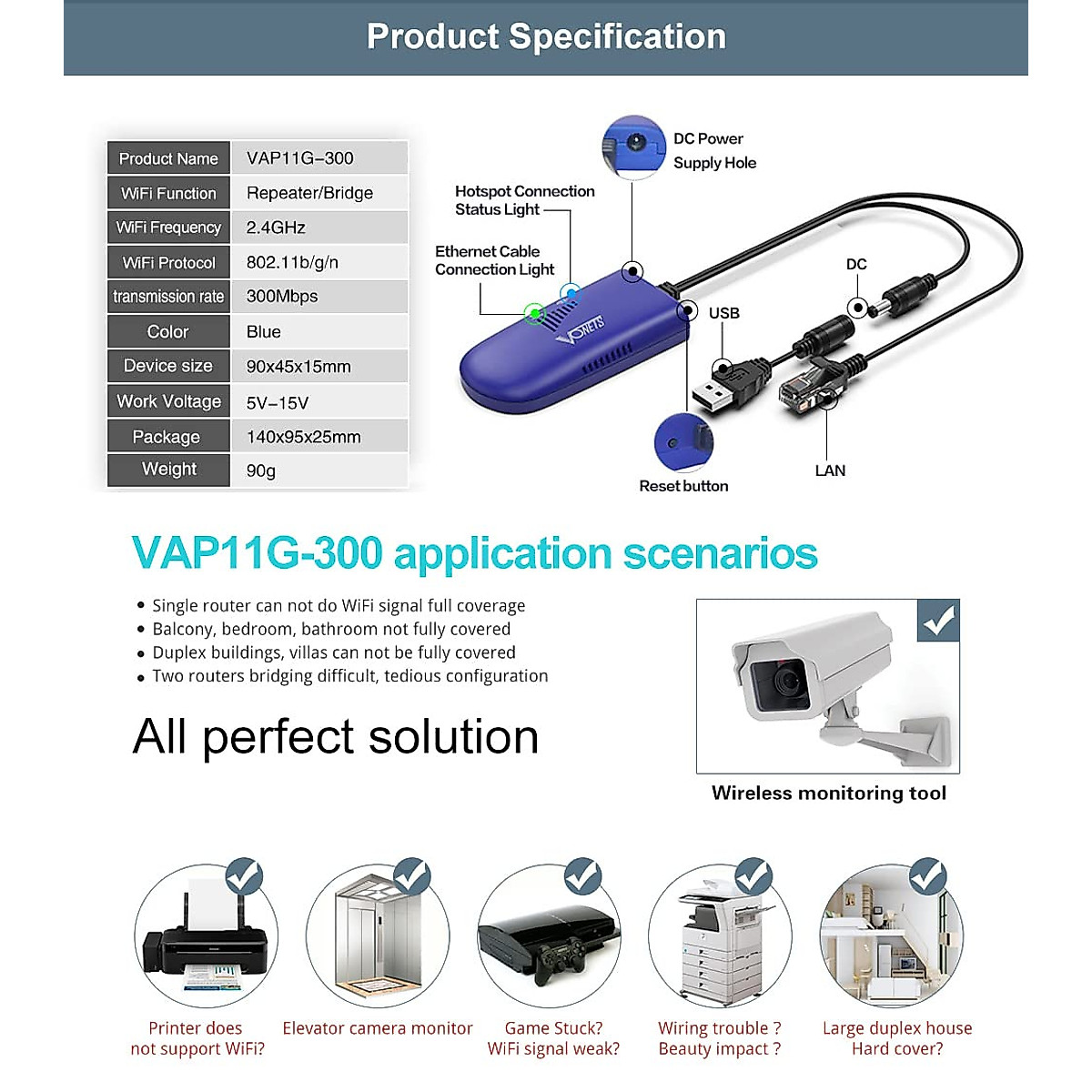 VONETS WiFi Bridge 2.4GHz Wireless Ethernet Bridge Signal Repeater WiFi Hotspot with 5V/2A USB Power Adapter RJ45 to WiFi Convert for DVR, Monitoring, IP Printer, Network Device VAP11G-300