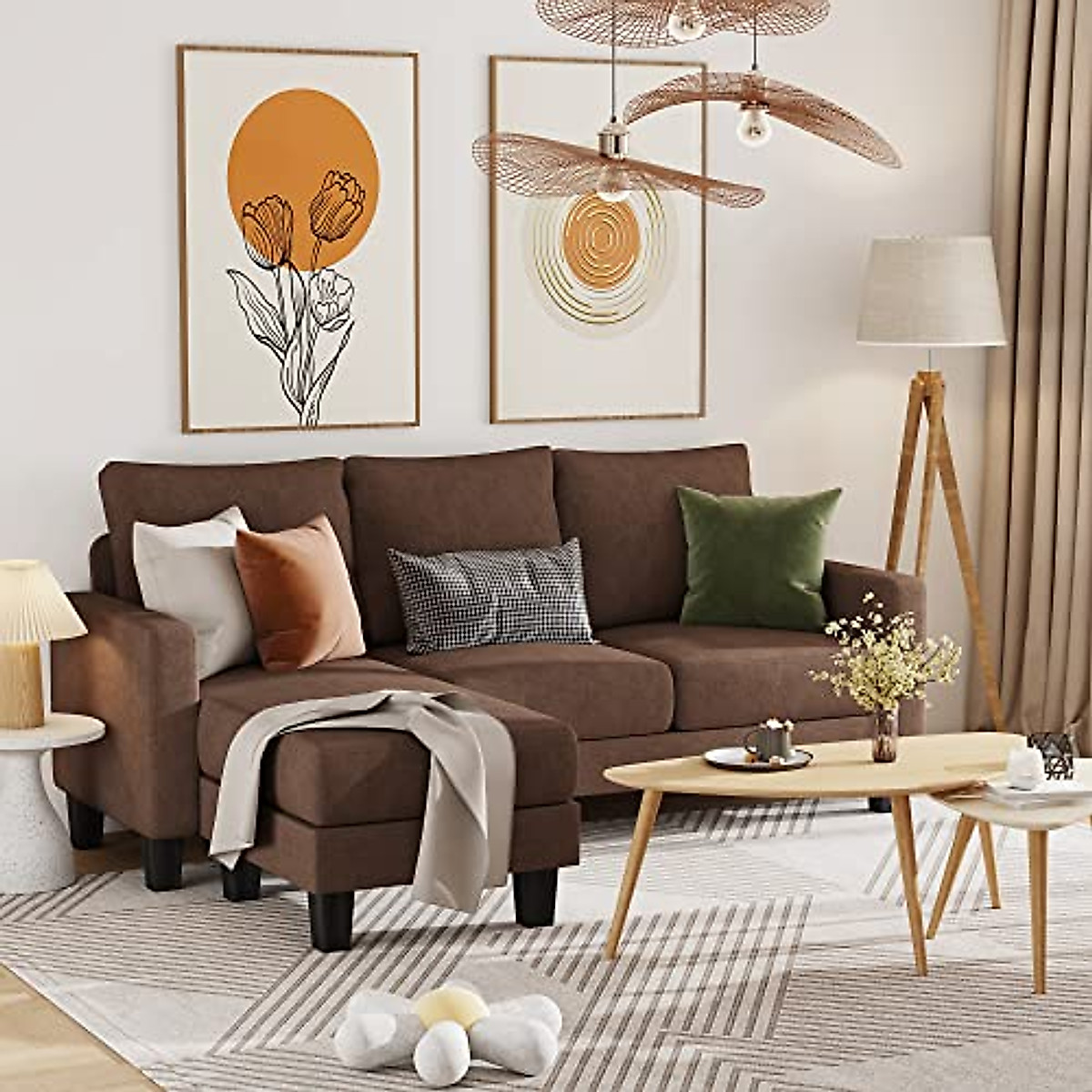 YESHOMY Convertible Sectional 3 L-Shaped Couch Soft Seat with Modern Linen Fabric, Small Space Sofas for Living Room, Apartment and Office, 70'', Brown