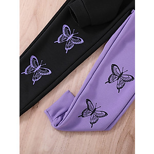 SOLY HUX Girl's 2 Piece Outfits Color Block Butterfly Print Long Sleeve Hoodies Sweatshirt Tops and Sweatpants Set Black and Purple 11-12Y