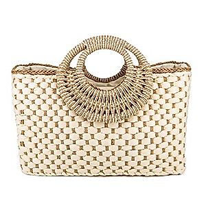 QTKJ Women Summer Retro Straw Bag with Zip Hand-woven Beach Handbag Top Round Handle Boho Tote Bag Shopping and Travel Large Bag (Beige 2)