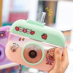 Water Bottle with Straw, 400ml Cute Camera Shaped Straw Cups Kids Water Bottle Water Cup for Adult Girls Outdoor Camping Travel(Yellow)