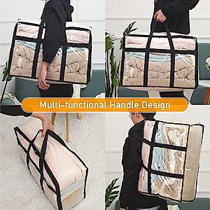 Fixwal 4 Pack Clear Clothes Storage Bags Organizer, 60L Moving Storage Totes with Sturdy Zipper, Bedding Storage Containers with Reinforced Handles for Blankets Comforter Space Saver(Black)