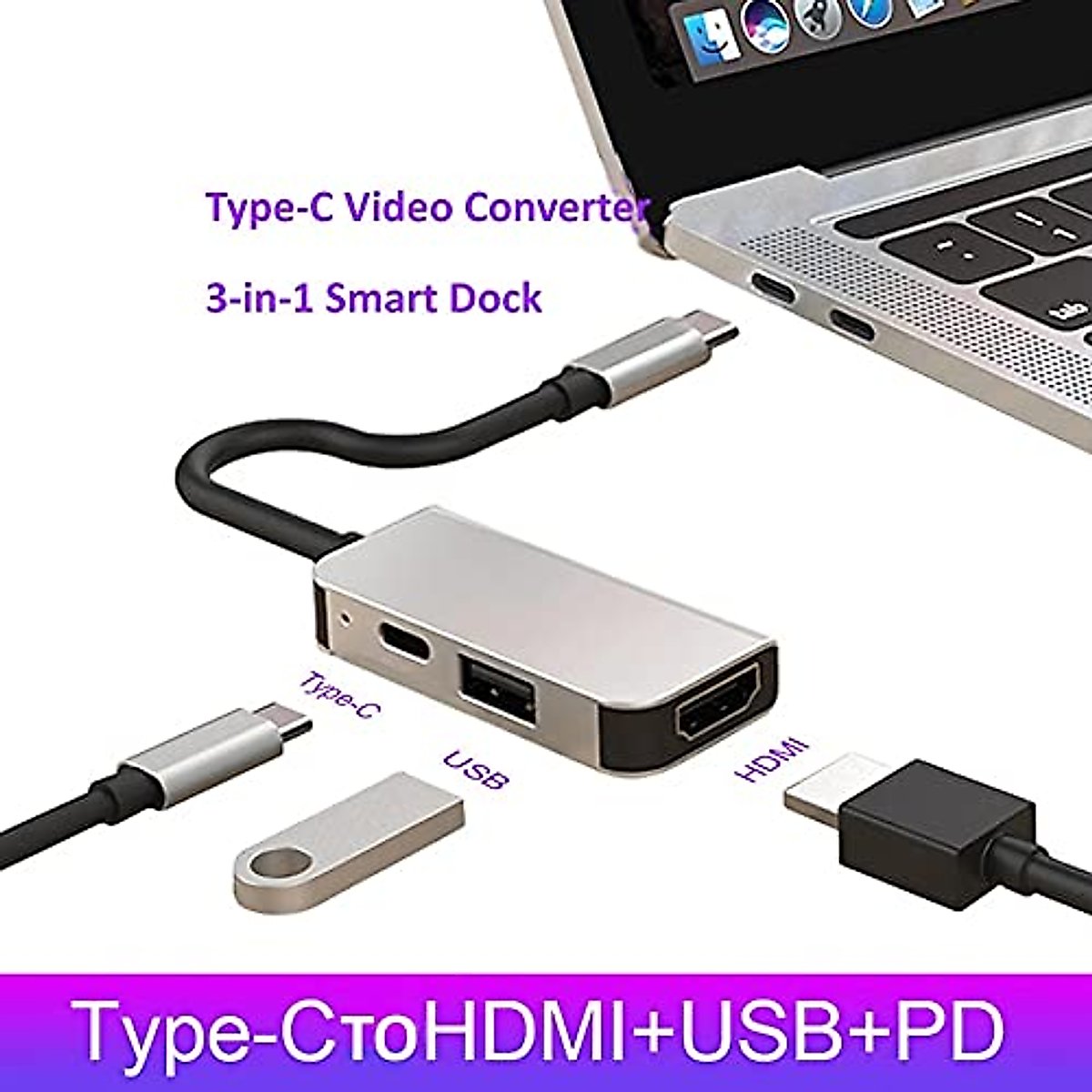 TWDYC USB Type C 3.1 to HDMI-Compatible USB 3.0 Dock Hub 3 in 1 USB C Adapter 4K Video PD Charge Converter