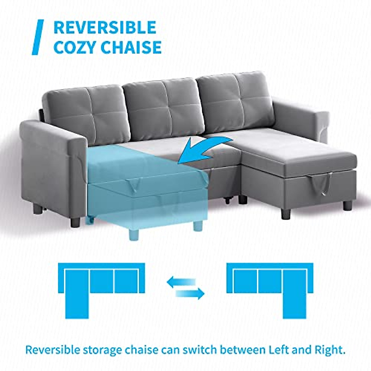 Mjkone 3 Seat L-Shape Sectional Sofa Couch with Pull Out Bed and Reversible Storage Chaise, Modern 84 Inch Sleeper Sofa with Breathable Velvet Fabric for Living Room, Light Gray