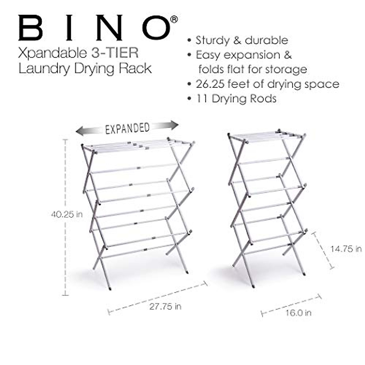BINO 3-Tier Collapsible Drying Racks | White | Laundry Foldable Rack | Air Drying & Hanging | Foldable Portable Indoor & Outdoor | Space Saving Clothes Dryer Stand