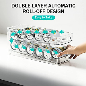 Automatic Rolling Can Dispenser, 2-Tier Soda Can Storage Organizer for Refrigerator, Drink Can Organizer for Fridge, Refrigerated Drawer with Handle for Freezer Kitchen Pantry (Plastic)