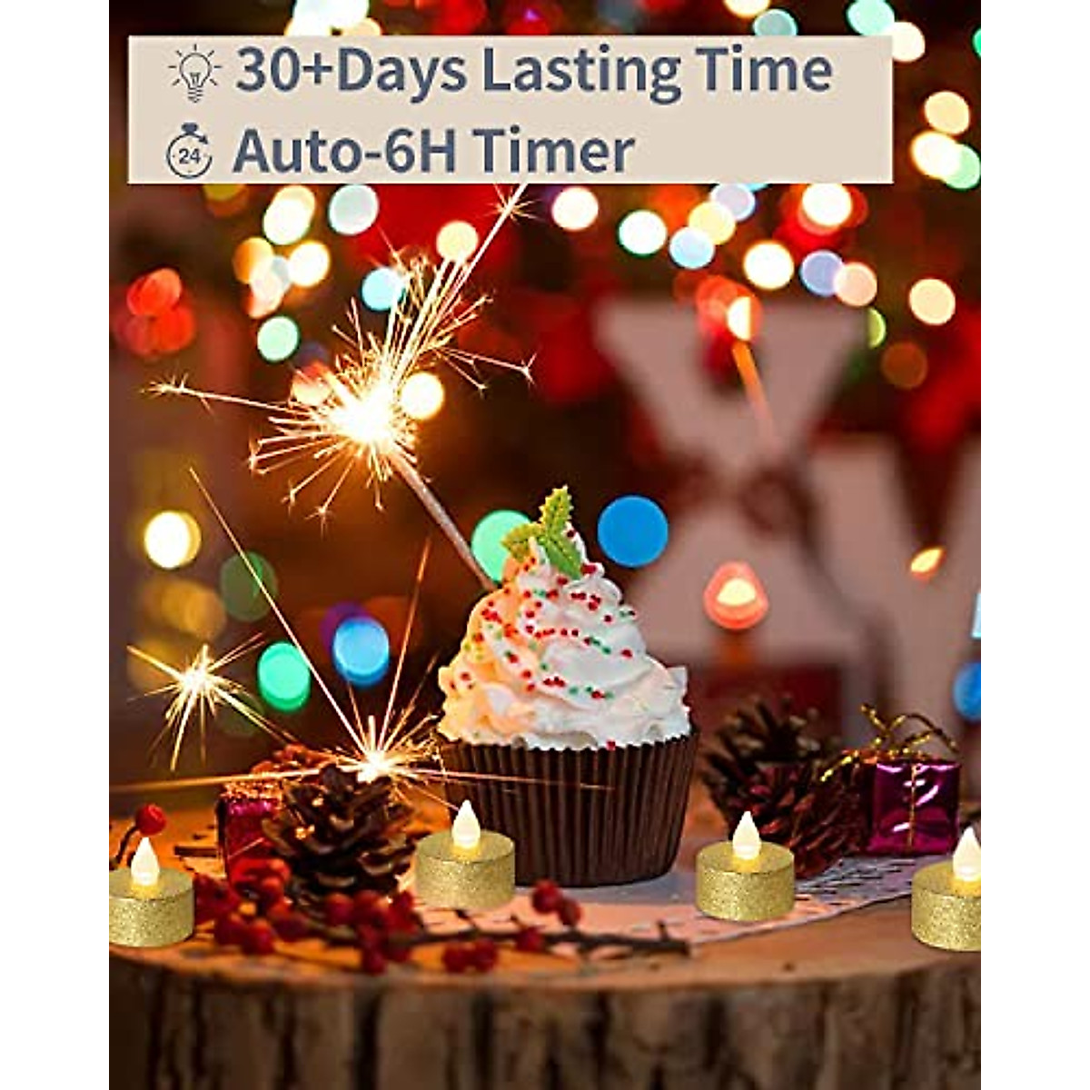 LOGUIDE Battery Operated LED Tea Lights,24 Pack Gold Flameless Votive Tealights Candle with Warm White Flickering light, Small Electric Fake Tea Candle Realistic for Wedding,Table,Festival Celebration