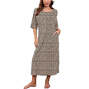 PrinStory Womens Long Nightgown Round Neck Nightshirts Short Sleeve Loose Loungewear Casual Sleep Dress With Pockets FP-Leopard Khaki-X-Large