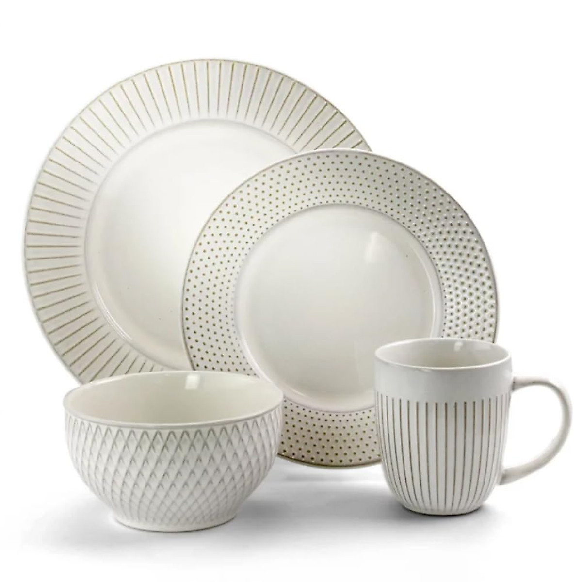 IHIPPO Dinnerware Sets Round Stoneware Luxurious Mellow Dinnerware Dish Set 16 Piece Round Stoneware Dinnerware Set in Embossed White Dinnerware Dish Set Kitchen Plates Dishwasher and Microwave Safe