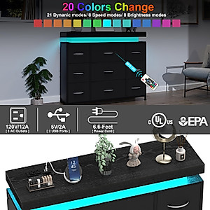 Tohomeor TV Stand 9 Drawer Dresser with Power Outlet & LED Lights, Modern Chest of Drawers Fabric Drawers with PU Finish Small TV Console Table Dresser for Living Room (Black, 9 Drawers)