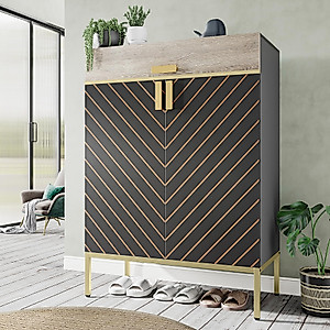 Tribesigns Shoe Cabinet with Drawers, 4-Tier Shoe Organizer with Removable Shelves, Modern Shoe Storage with Doors for Entryway, Hallway, Bedroom, Gray/Gold