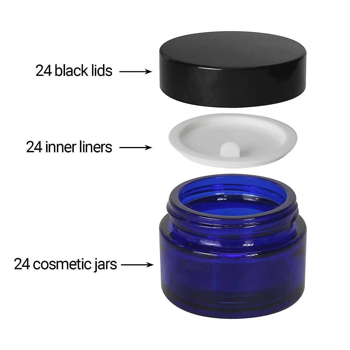 BPFY 24 Pack 1 oz Round Blue Glass Cosmetic Jars with Inner Liners and Black Lids, Travel Glass Jars, Cosmetic Containers for Lip Balms, Powders, Makeup, Cream, Eyeshadow, Slime, Paint