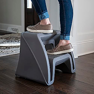 Simplay3 Handy Home Step Stool Plastic Two-Step Stool Seat - Indoor or Outdoor Use - 15.5" x 19" x 16" - Gray, Made in USA