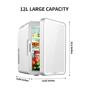 Saint Kang Skincare Fridge 12L Hot&Cold, Portable Makeup Fridge with Mirror and Light, AC/DC Beauty Fridge for Bedroom, Office and Car(White)
