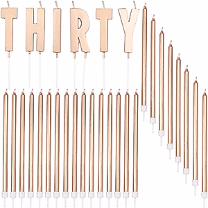Cake Topper 30th Birthday with Thin Candles in Holders (Rose Gold, 30 Pack)