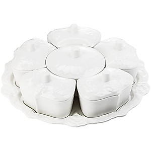 Lyellfe Divided Serving Dishes, Plastic Snack Appetizer Tray with Lid, 13 Inch Dry Fruit Veggie Bowls with 6 Compartments, White Relish Tray for Candy, Chips and Dip, Veggie