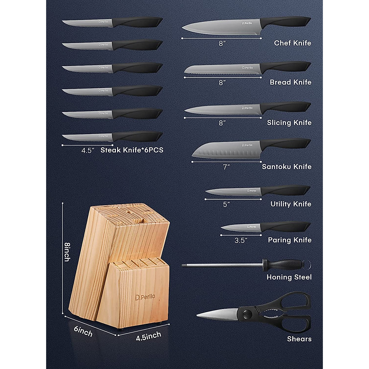 D.Perlla Knife Set with Block, 15 Pieces Stainless Steel Kitchen Knife Set with BO Oxidation Technology, No Rust, Sharp Knife Block Set