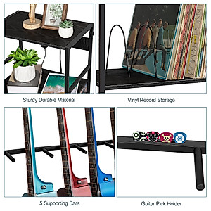 OYEAL Acoustic Guitar Stand, 5 Electric Bass Guitar Stand Floor with Record Storage, Multiple Guitar Rack Hoder with Charging Station for Acoustic, Electric, Bass, Ukulele, Guitar Accessories, Black