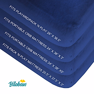 Biloban Pack and Play Sheets Fitted, 2 Pack Pack and Play Sheet Fits for Graco Pack n Play Mattress, Neutral Playard Sheets for Baby Boys and Girl, White & Navy Blue, 38”X 26”