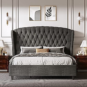 Jocisland Upholstered Bed Frame King Size Wingback Platform Bed Frame Tufted and Headboard Tall Linen Bed Frame/No Box Spring Needed/Wood Slat (Dark Grey)
