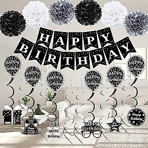 Birthday Decorations Black Silver White, Happy Birthday Party Decorations for Women Girls Men Boys, Happy Birthday Banner, Double-Sided Bday Pattern Card, Birthday Sash, 9 Pompoms, 6 Hanging Swirl Set