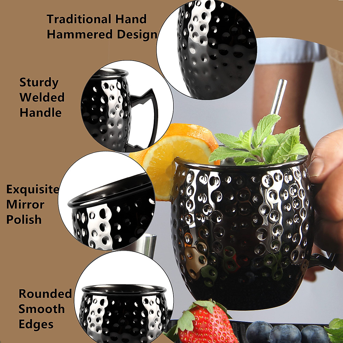 Shining Craft Moscow Mule Mugs Set of 2 - Black Plated Hammered Mugs 18 oz/ 550ml With Brass Handle and Stainless, Unlined Cups For Moscow Mule Cocktails and other Chilled Drinks (Black) SC020