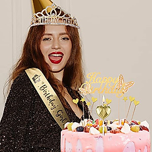HiStock Happy Birthday Decoration Set for Girl, Birthday Girl Gold Sash Crown Tiara Candles Cake Topper Birthday Party Favors for Girl Girlfriend Daughter
