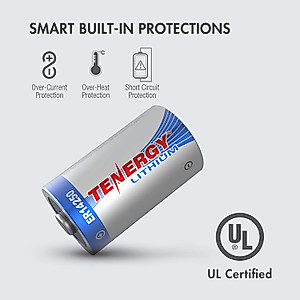 Tenergy High Capacity 3.6V 1/2 AA Lithium Battery, 1200mAh ER14250 Non-Rechargeable Batteries for Window Sensors, Alarm Systems, Home Security Sensors, Utility Meters, UL Certified, 4 Pack