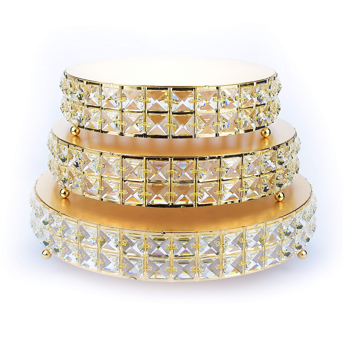 LINDLEMANN-Shiny Cake Stand-Decorative Metal Cake Holder with Spatula-Round Cake Stand-Genuine Mineral Crystals-Set of 3 Serving Plate Display- Mothers' & Easter Day Gift Tray-Gold (10 + 12 +13.5 in)