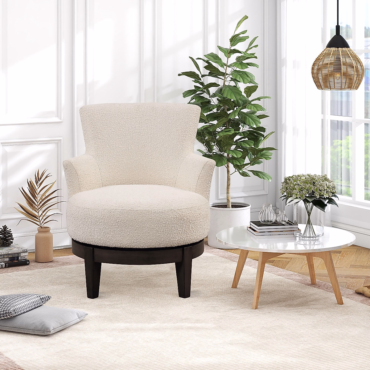 TARTOP 360 Degree Swivel Wingback Accent Chair Elegant Upholstered Seating Durable Rubberwood Legs for Any Space, Beige