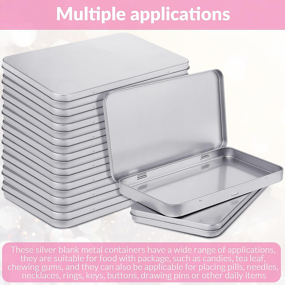 Rectangular Metal Tin Box with Lid Metal Hinged Lid Tin Metal Empty Tin Box Container Silver Storage Tin Box for Watercolor Jewelry Pen Eraser Pill Candy Craft Organize 7 x 4.25 x 0.59''(20 Pieces)