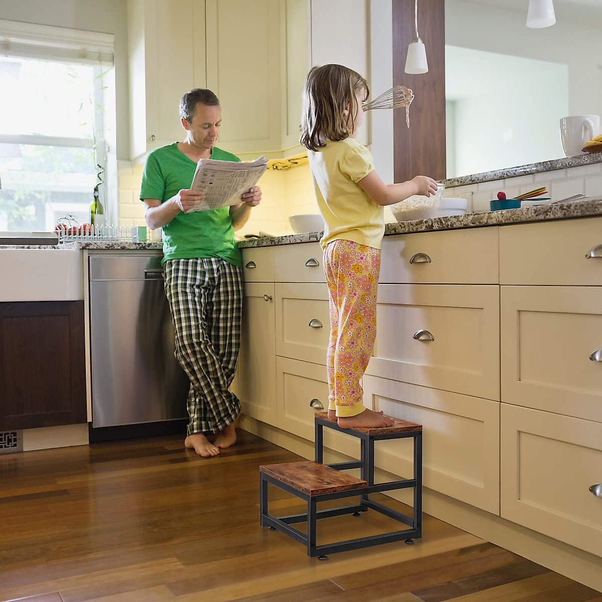 LIANTRAL Step Stools for Adults Kids, 2 Step Stool, Heavy Duty Steel & Sturdy Wide Pedal, Supports Up to 500lb, Foot Stool for Home, Office, RV - Rustic Brown