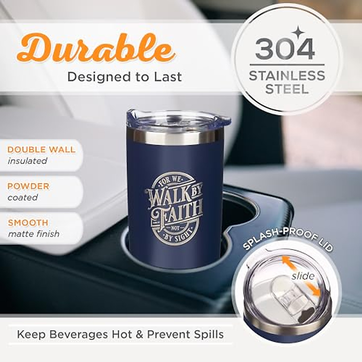 Christian Art Gifts Large Travel Tumbler for Men & Women Stainless Steel Vacuum Insulated Inspirational Scripture: Walk by Faith, Retractable Lid, Navy Blue, 18 oz.