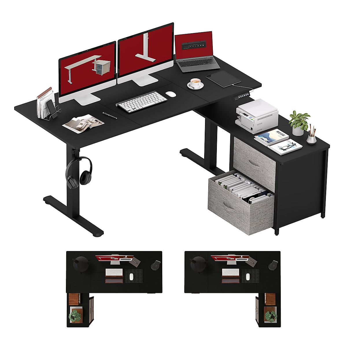 SANODESK 63'' L Shaped Standing Desk with 2-Drawer File Cabinet, Electric Height Adjustable Stand up Desk w/USB Charge Ports, Home Office Modern Wood Computer Desk with Shelves,Black Frame/Black Top