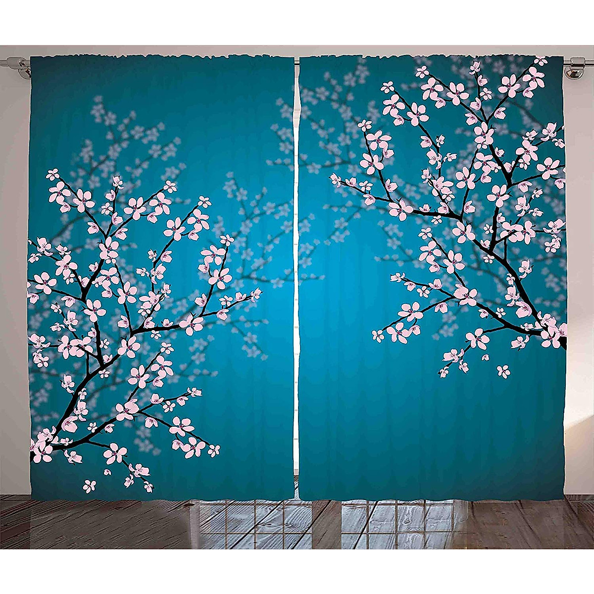 Ambesonne Japanese Curtains, Spring Season Sakura Flower Bloom Design Marine Toned Ombre Background, Living Room Bedroom Window Drapes 2 Panel Set, 108" X 90", Blue Pink
