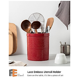 FUN ELEMENTS Kitchen Utensil Holder, 7.2" Super Large Utensil Crock Heavy and Stable Lace Emboss Ceramic Utensil Holder for Kitchen Counter (Christmas Red)