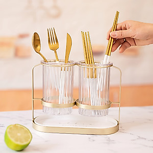Kitchen Utensil Holder for Countertop 2 Clear White Cups with Gold Iron Frame Cooking Utensil Crock Chic Modern Cutlery Caddy Practical Utensil Pot for Counter for Fork Spoon Knife Flatware Silverware