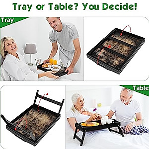 TURSTIN 2 Packs Bed Tray Bamboo Bed Trays Table with Folding Legs Breakfast in Bed Portable Food Serving Lap Tray with Handles for Eating Snack Laptop Working Bed Sofa Kitchen Bedroom, Black