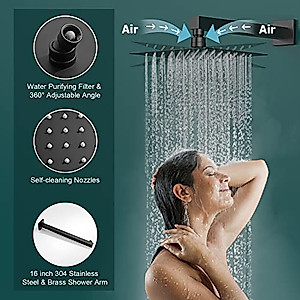 Bostingner 12 Inch Thermostatic Rain Shower System with Body Jets, Wall Mounted, with Brass Handheld Shower Head and 6 Body Spray Shower Jets (Can Run All Together),Thermostatic Shower Valve Set Black