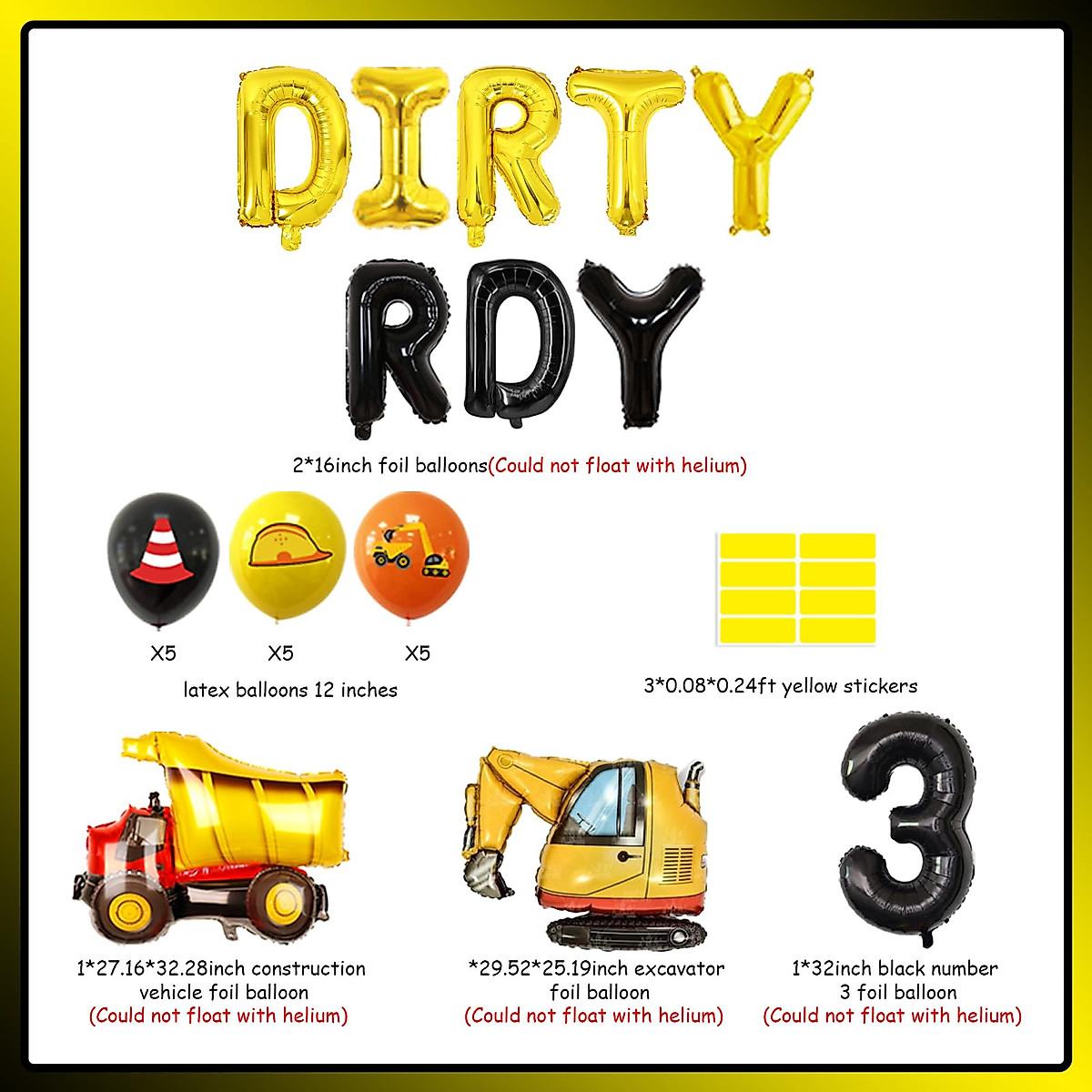 Wonmelody Construction 3rd Birthday Party Decorations Dirty 3rdy Dump Truck Balloon Banner Party Decorations Black Gold Excavator Roadblock Barricade Construction Decors for 3rd Years Old Boy