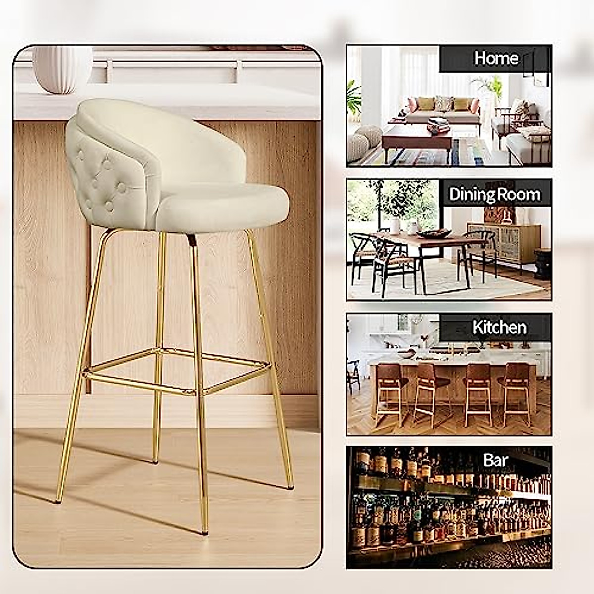 Volans Counter Height Bar Stools Set of 2, 360° Swivel Modern Velvet Bar Stools for Kitchen Island, Kitchen Chairs with High Performance Fabric Sponge(White)