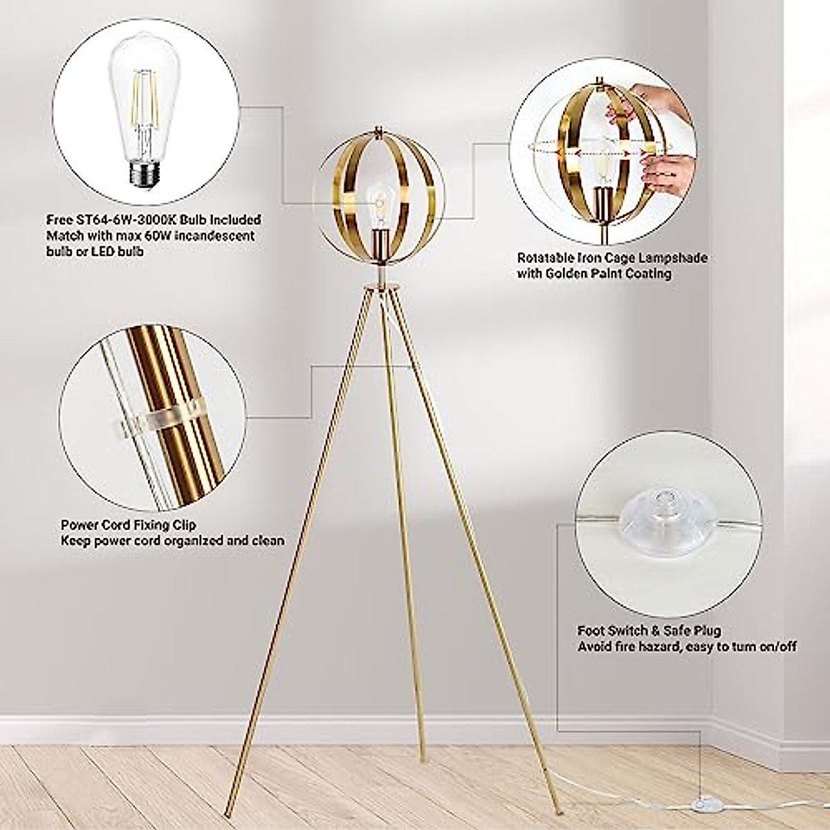 JUNNAI Gold Tripod Floor Lamp: Elegant Tall Lamp with Brass Rotating Cage Shade & E26 Lamp Base | Modern Standing Lamp for Living Room, Bedroom, Office