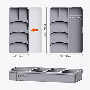 Lifewit Silverware Drawer Organizer, Expandable Utensil Tray for Kitchen, Adjustable Flatware and Cutlery Holder, Compact Plastic Storage Organization for Spoons Forks Knives, Gray