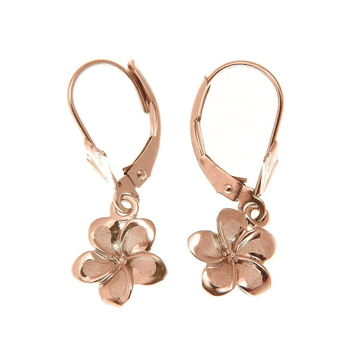 14K solid pink rose gold Hawaiian 13mm plumeria flower leverback earrings