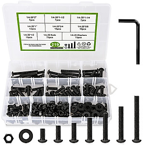 K Kwokker 1/4 20 Bolt and Nuts, 7 Sizes are 2", 1-1/2", 1-1/4", 1", 3/4", 5/8", 1/2", Button Head Hex Socket Cap Screws, Black, Full Machine UNC Thread, with Washers for Screws, 219Pcs Totally