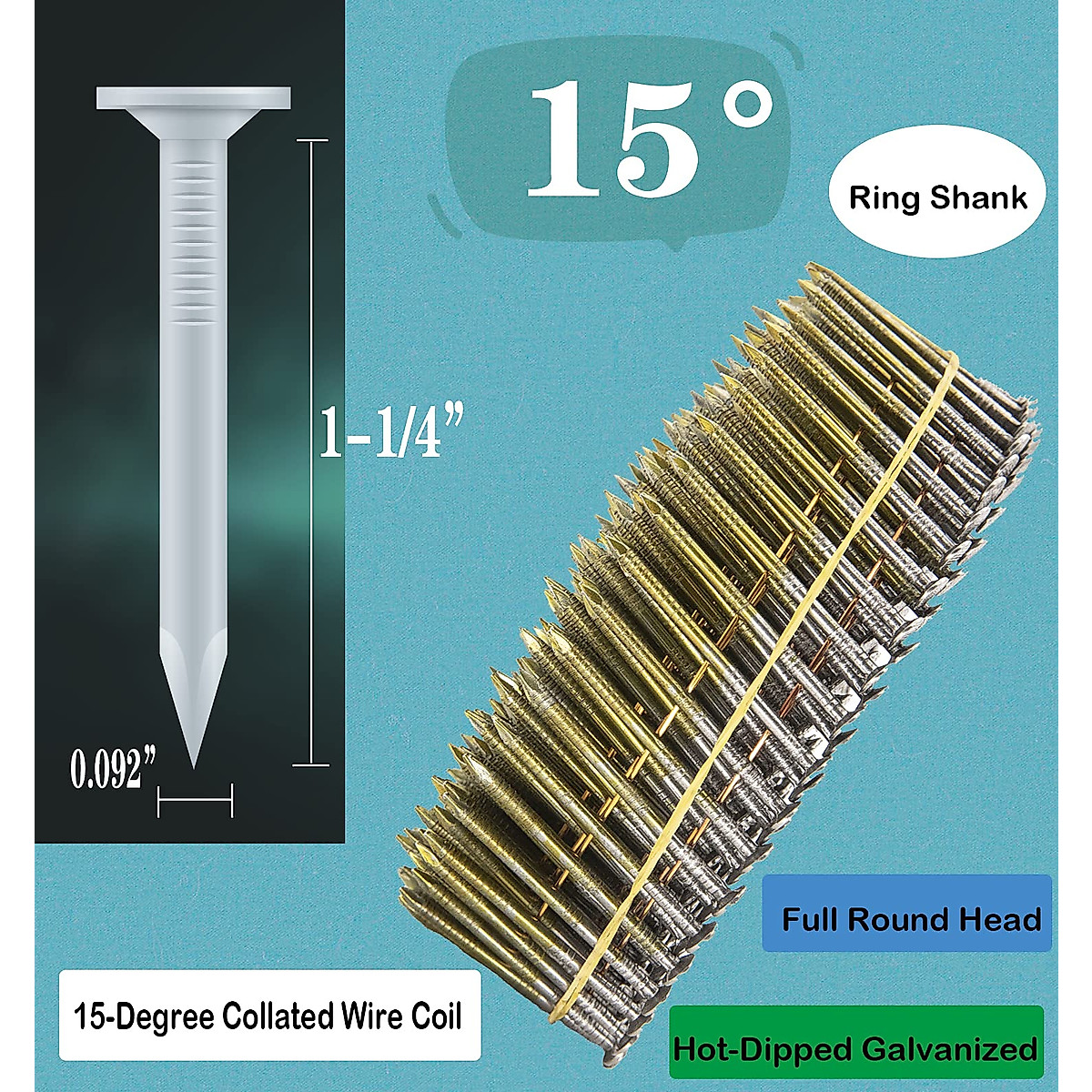Siding Nails 1-1/4-Inch x .092-Inch, 15-Degree Collated Wire Coil, Full RoundHead, Ring Shank, Hot-Dipped Galvanized, 1600 Count for Rough Nailing of Lathing and Sheathing Materials by BOOTOP