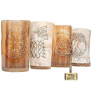Trondebal Viking Drinking Horn Mugs Set of 4, Natural Ox Horn Shot Glasses | 10 oz Cool Unique Tumbler, Beer Gift for Men and Women, Handmade Goblet| Medieval Stein for Ale, Mead, Whiskey