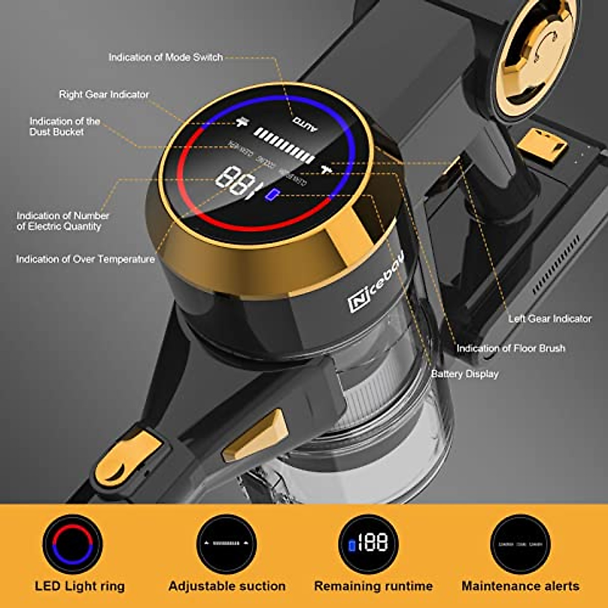 Nicebay Cordless Vacuum Cleaner, 25kPa Suction Brushless Motor Cordless Stick Vacuum,Digital Touchscreen&Smart Induction Auto-Adjustment, 4 in 1 Lightweight Vacuum for Hardwood Floor Hair
