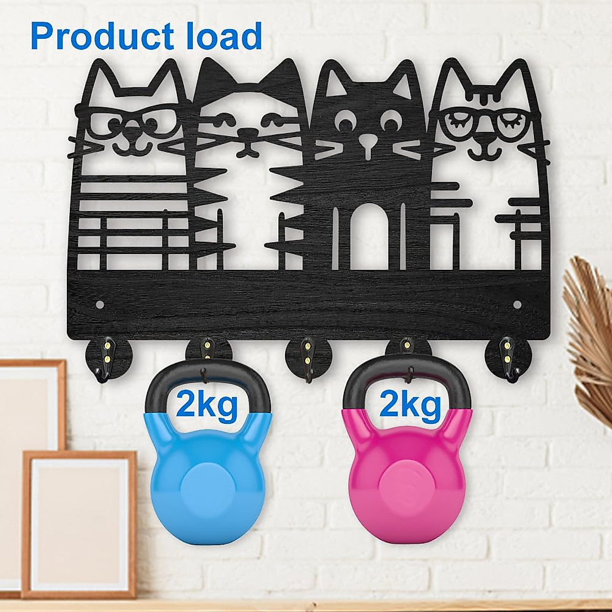 MAYJOYDIY Cat Coat Hooks Wall Mount Cat Wearing Glasses Wood Key Holder for Wall 11.8×7.9inch Black Pet Wall Art Decor Key Hooks 5 Alloy Hooks for Gift Entryway Living Room Kitchen Office